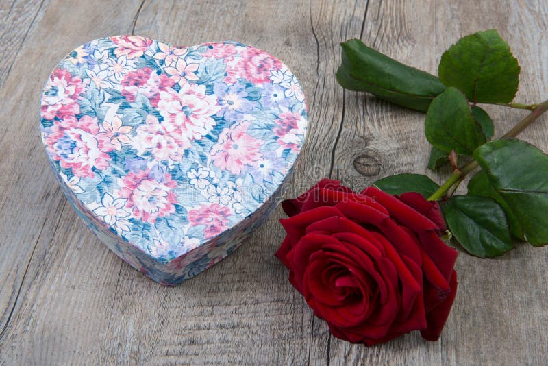 Heart Shaped Box with a Red Rose Stock Photo - Image of roses, leaf ...