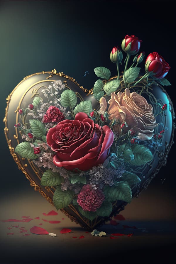 A Heart Shaped Box with Roses and Leaves Inside of it on a Table Top ...