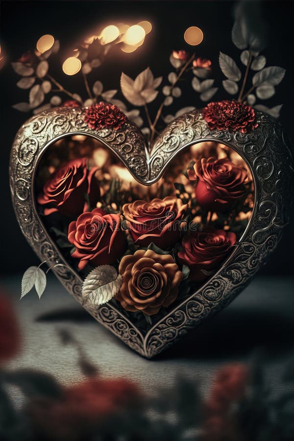 A Heart Shaped Box with Roses in it on a Table with Lights in the ...