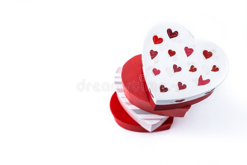 Heart Shaped Boxes Decorated with Pink and Red Hearts Isolated on White ...