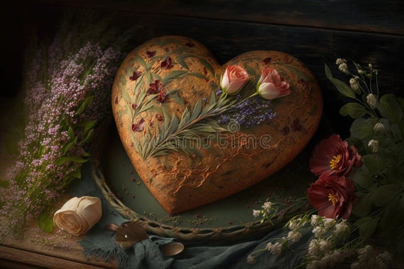 Heart-shaped Bread Loaf with Beautiful Flowers and Greenery for a ...