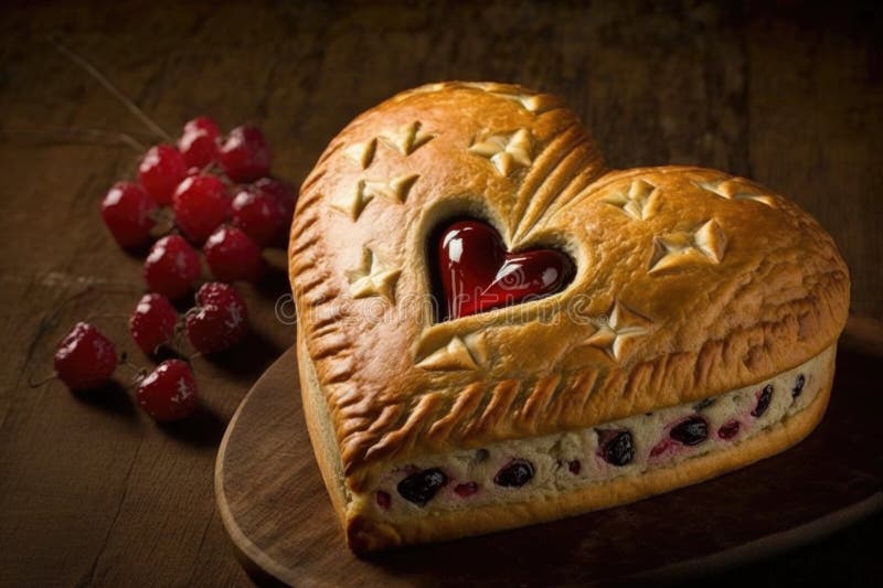 Heart-shaped Bread Loaf with a Piped Heart and Cherry Filling Stock ...