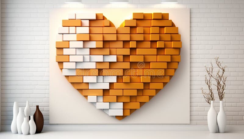 Heart Shaped Brick Wall in the Room. 3d Render Illustration Stock ...