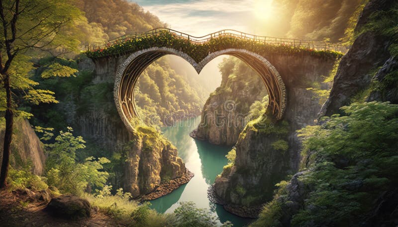 Heart Shaped Bridge Over the River Stock Illustration - Illustration of ...
