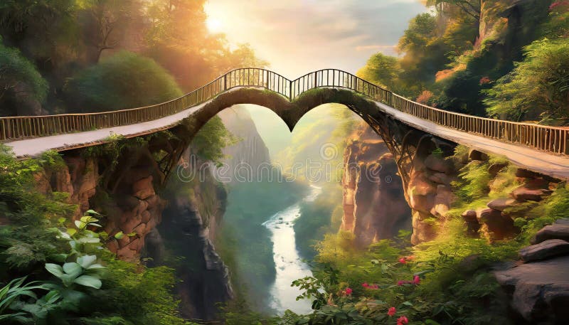 Heart Shaped Bridge Over the River Stock Illustration - Illustration of ...