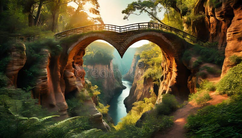 Heart Shaped Bridge Over the River Stock Illustration - Illustration of ...