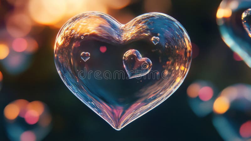 Heart-shaped Bubble with Smaller Hearts Inside Against Bokeh Background ...