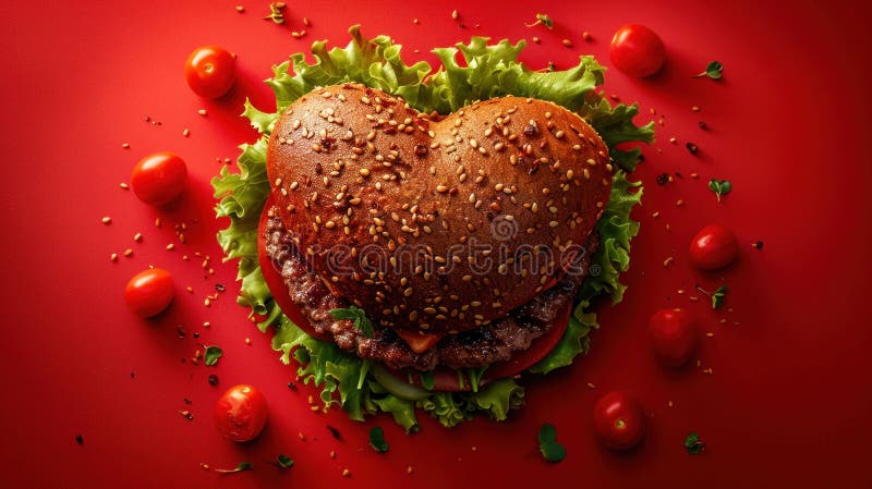 Heart-Shaped Burger on Red Background. Generative Ai Stock Illustration ...