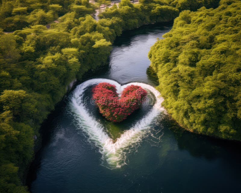 A Heart Shaped Bush in the Middle of a River Surrounded by Trees Stock ...
