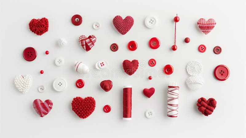 Creative Display of Heart-shaped Buttons and Sewing Tools on a White ...