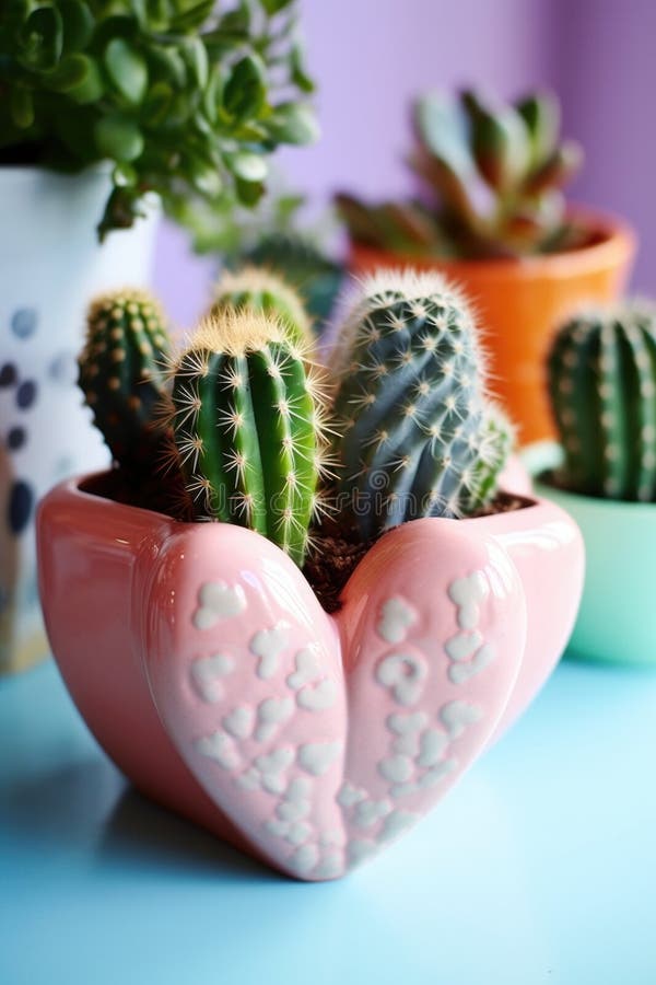 Heart-shaped Cacti in a Cute Planter Stock Illustration - Illustration ...