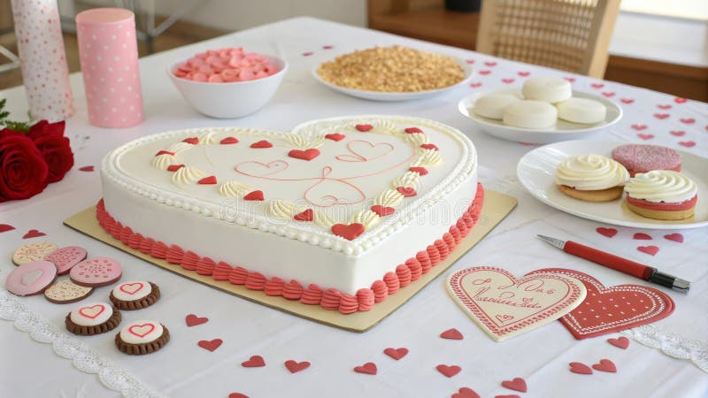 Heart-shaped Cake and Sweets Arrangement for Romantic Celebration Stock ...
