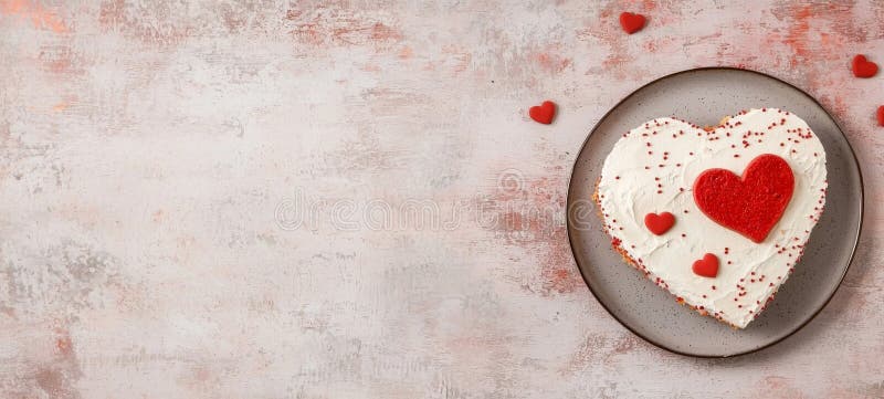 Heart Shaped Cake with White Frosting and Red Decorations on Plate ...