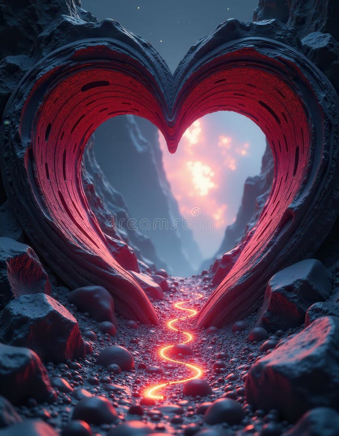 Heart Shaped Cave with Glowing Pathway Under a Starry Sky Stock Image ...