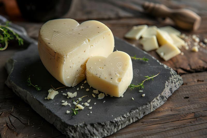 Heart Shaped Cheese on Slate Board with Thyme Sprig Garnish Stock Photo ...