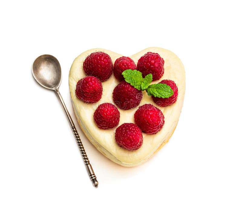 Heart Shaped Cheesecake with Raspberry Isolated on White. Top View ...