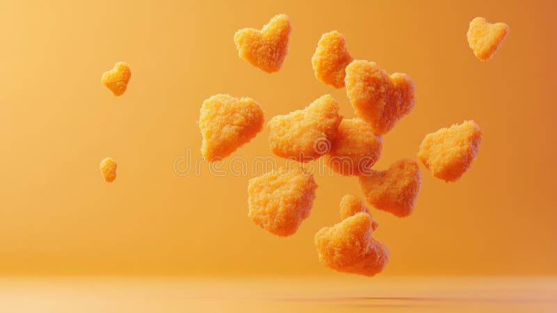 Heart Shaped Chicken Nuggets Falling Against Orange Background Stock ...