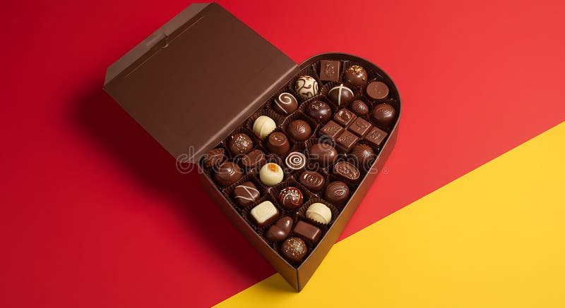 Heart-shaped Chocolate Box Open on a Diagonal Red and Yellow Surface ...
