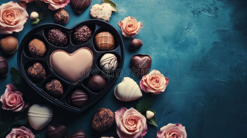 Heart Shaped Chocolate Box with Roses on Blue Background Stock ...