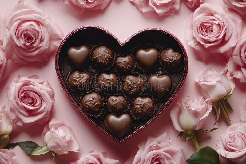Heart Shaped Chocolate Box Surrounded by Soft Pink Roses for Romantic ...