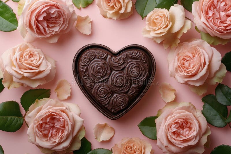 Heart Shaped Chocolate Box Surrounded by Soft Pink Roses for Romantic ...