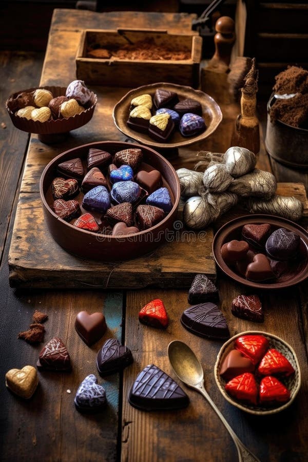 Heart-shaped Chocolates on Rustic Wooden Table Stock Illustration ...