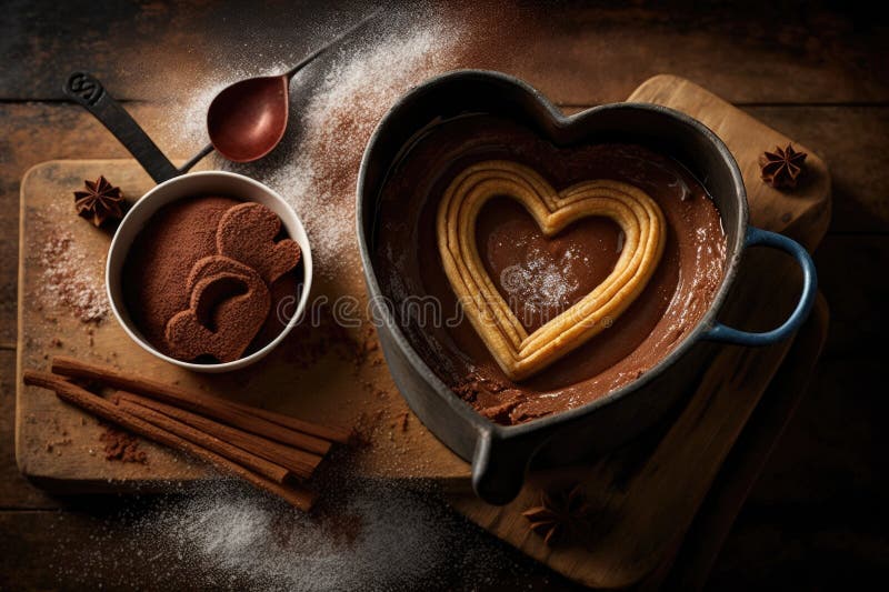 Heart-shaped Churro Surrounded by Heart-shaped Saucepan of Warm, Melted ...