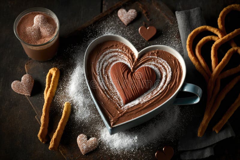 Heart-shaped Churros in a Pool of Hot Chocolate Stock Illustration ...