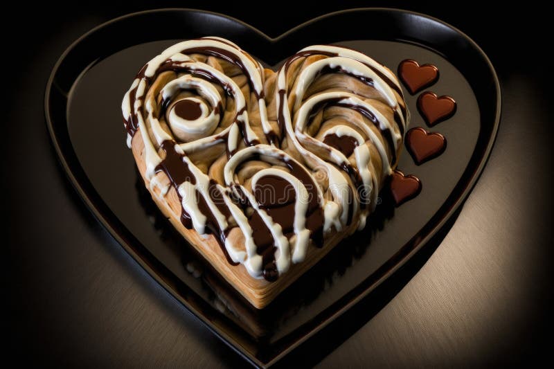 Heart-shaped Cinnamon Roll with Drizzled Icing Arranged on Black Plate ...