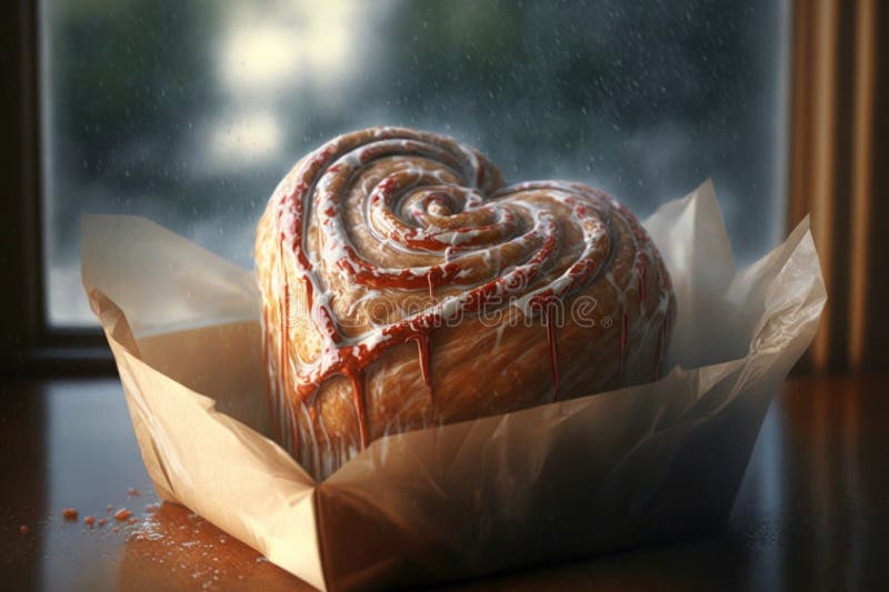 Heart-shaped Cinnamon Roll with Drizzling Icing, Wrapped Neatly in ...