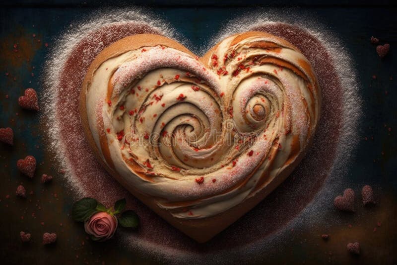 Heart-shaped Cinnamon Roll Surrounded by a Heart-patterned Sprinkle of ...