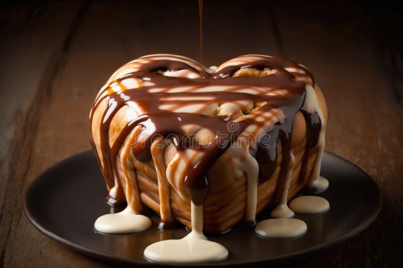 Heart-shaped Cinnamon Roll Topped with Drizzle of Warm Melted Chocolate ...