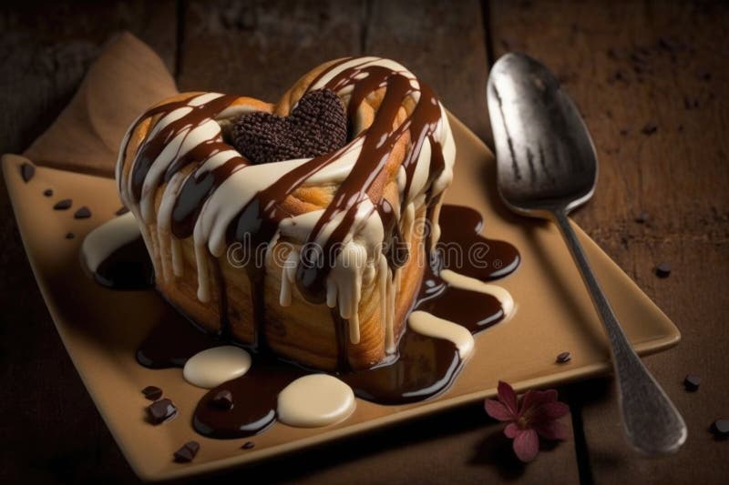 Heart-shaped Cinnamon Roll Topped with Drizzle of Warm Melted Chocolate ...