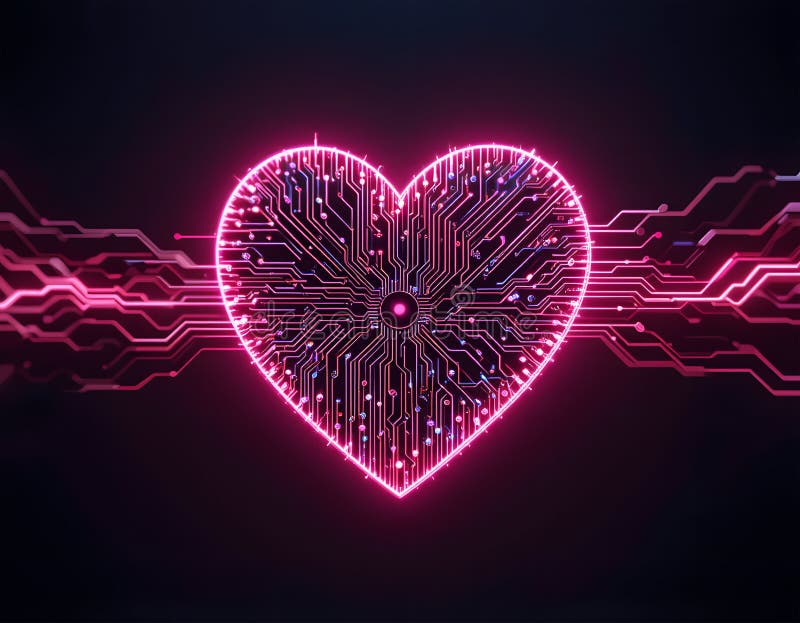 Heart Shaped Circuit Board with Neon Lights Stock Illustration ...