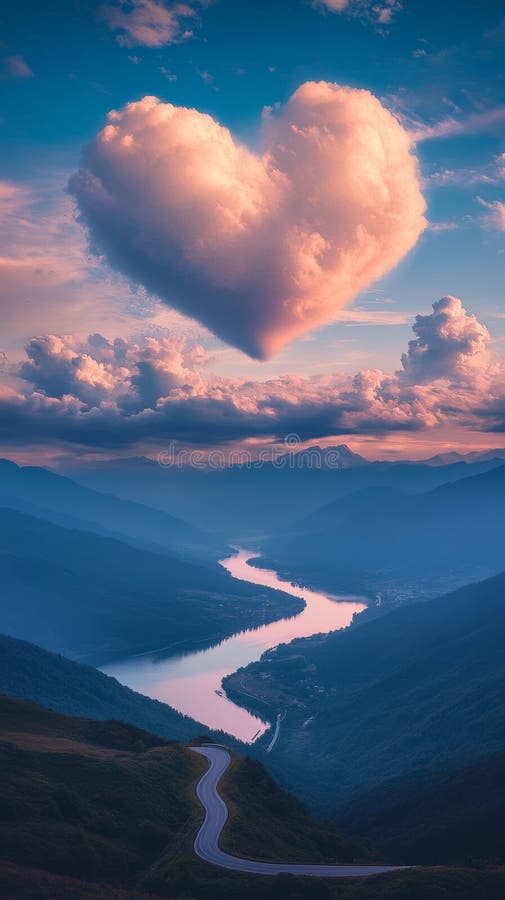 Heart Shaped Cloud Over Scenic Mountain Valley Romantic Landscape Stock ...