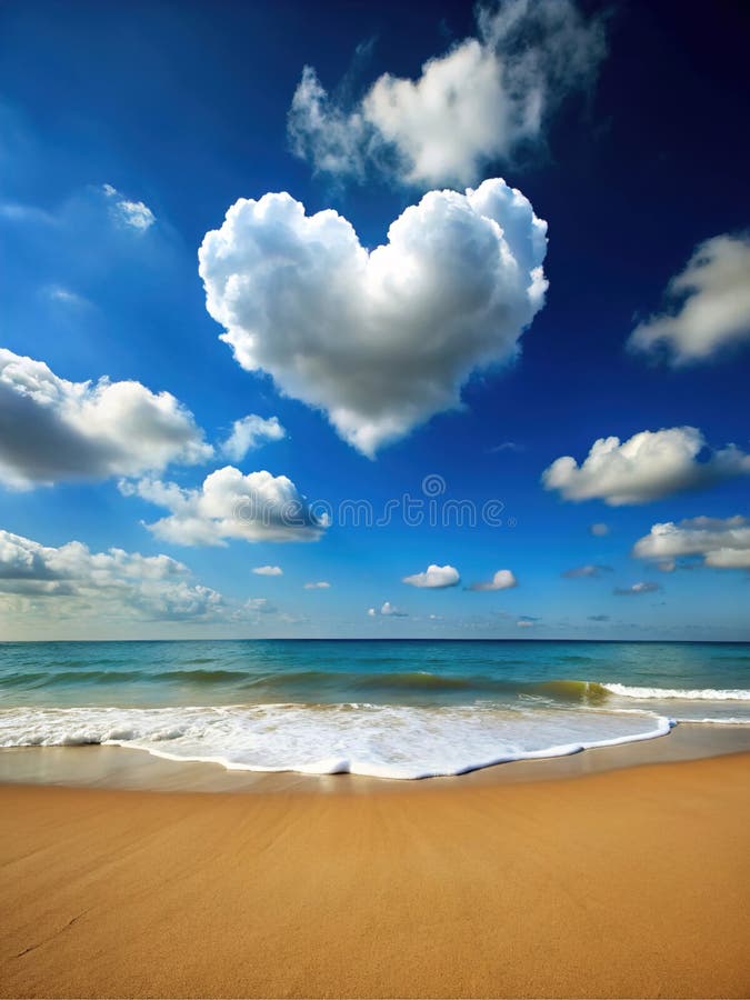 Heart-Shaped Cloud Over a Quiet Beach Background Stock Illustration ...