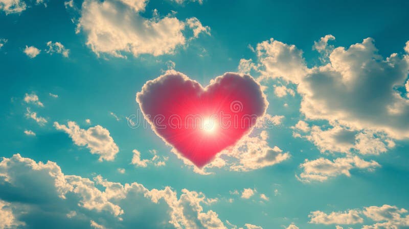 Heart Shaped Cloud Radiating Sunlight in a Bright Blue Sky with Fluffy ...