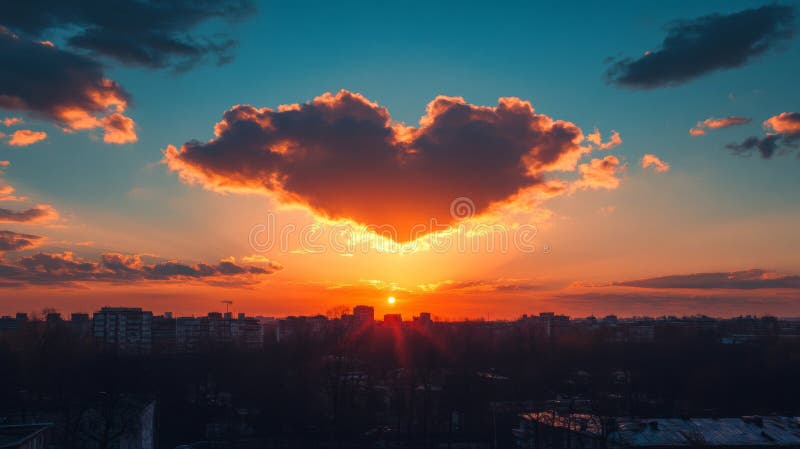 Heart Shaped Cloud Sunset Over City Skyline Stock Illustration ...