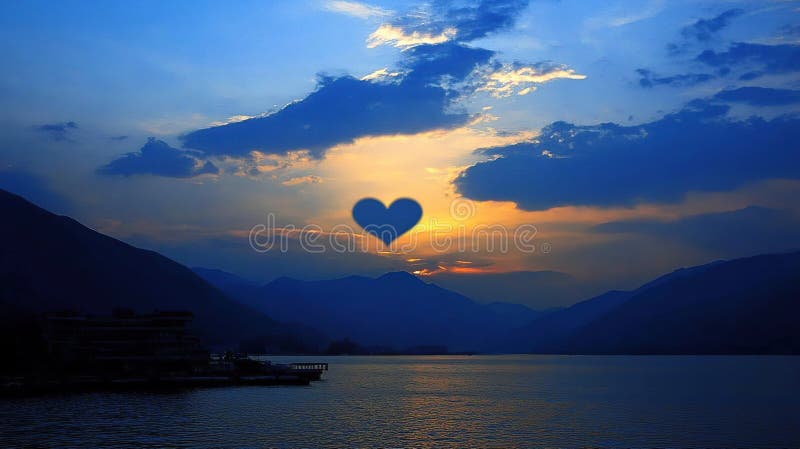Heart-shaped Cloud Sunset Over Lake & Mountains Stock Image - Image of ...