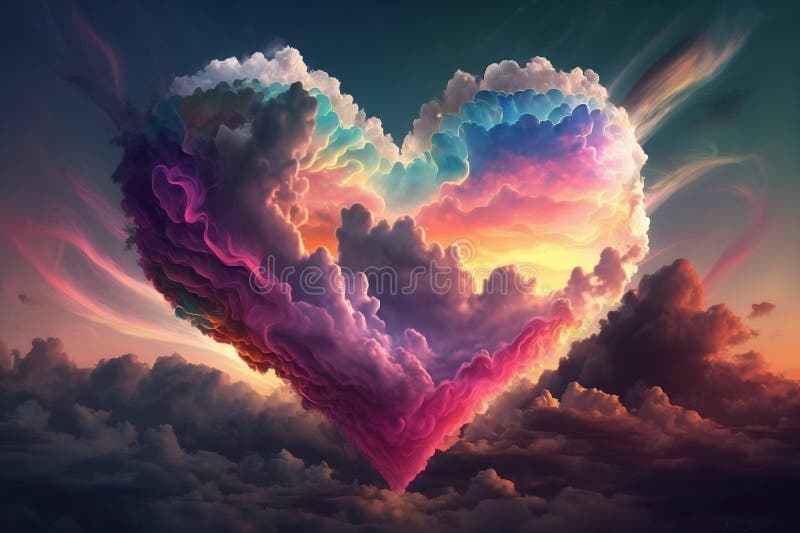 Heart-Shaped Cloud in Vibrant Colors Against Blue Sky. AI Stock ...