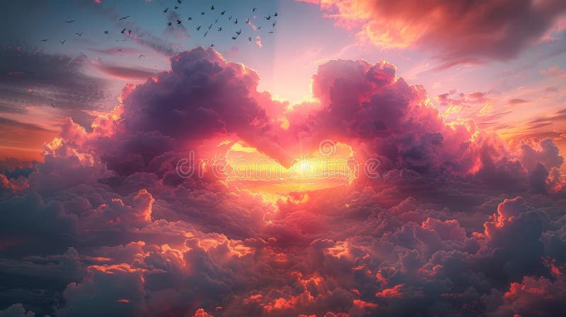 Heart-shaped Clouds at Sunset - Generative Ai Stock Illustration ...