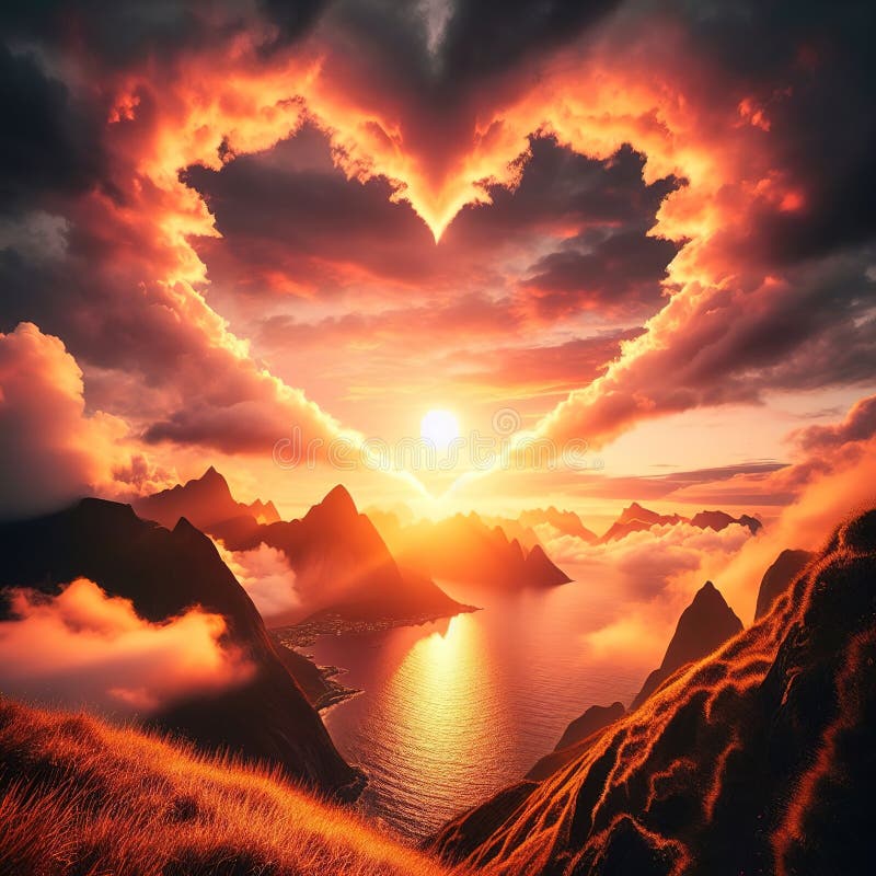 Heart-shaped Clouds at Sunset. Generative AI Stock Photo - Image of ...