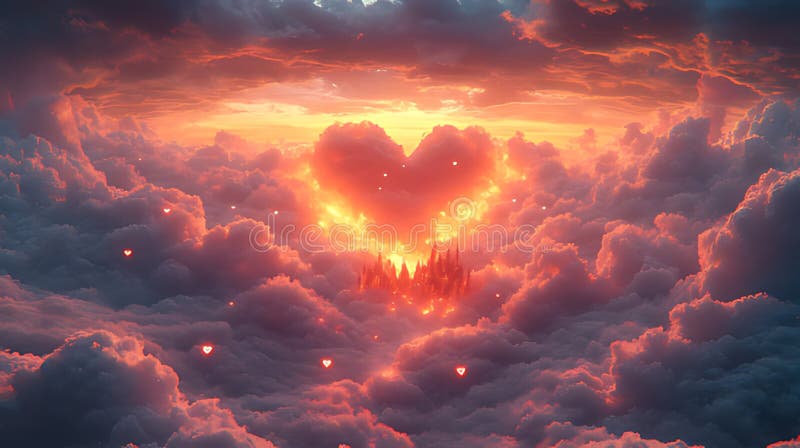 Heart-shaped Cloudscape Sunset Above Castle Fantasy Romance Artwork ...
