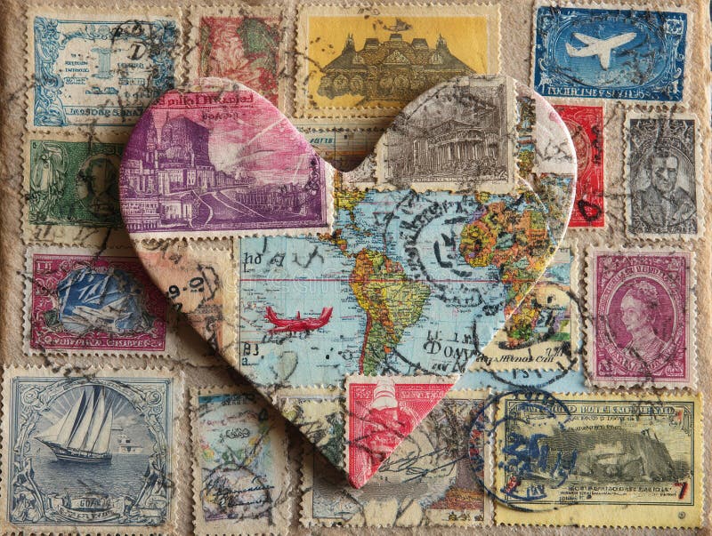Heart-shaped Collage Made from Assorted Postage Stamps, Centered on a ...