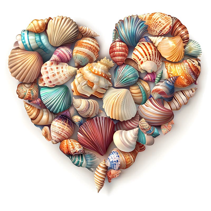 A Heart Shaped Collection of Colorful Seashells on a White Background ...