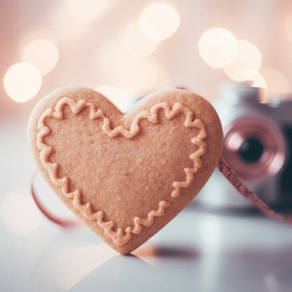 A Heart Shaped Cookie with a Camera on a Table, AI Stock Illustration ...