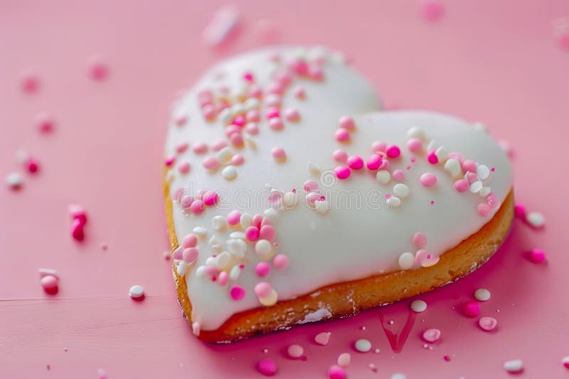 A Heart Shaped Cookie with White Frosting and Pink Sprinkles Stock ...