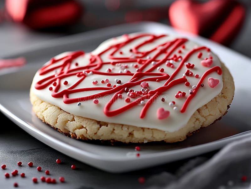 A Heart Shaped Cookie on a White Plate with Red and White Icing Stock ...