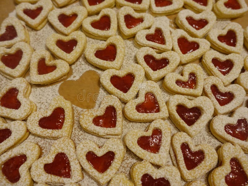 Heart-shaped Cookies with Jam and Sugar. Stock Image - Image of snack ...