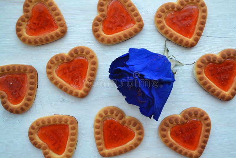Heart Shaped Cookies for Valentines Day Pattern with Blue Rose Stock ...